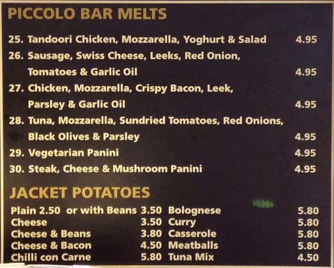 Menu at Piccolo Bar, London, 7 Gresham St