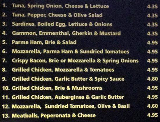 Menu at Piccolo Bar, London, 7 Gresham St