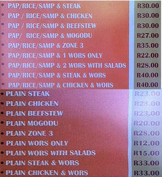 Menu at Zone 3, Pretoria