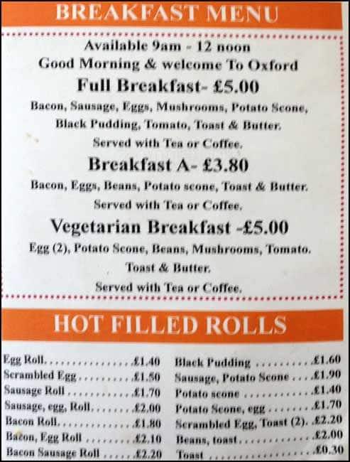 Menu at Oxford Restaurant, Glasgow