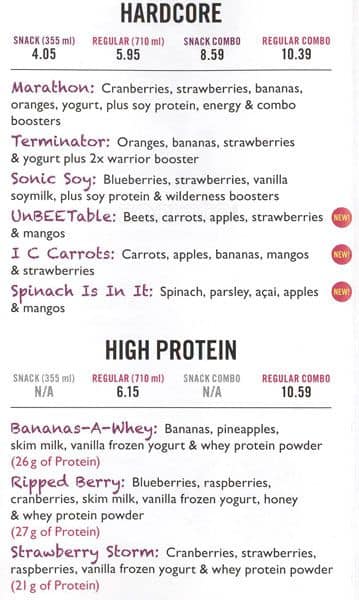 Menu at Booster Juice pub & bar, Oakville, 150 Lakeshore Rd E