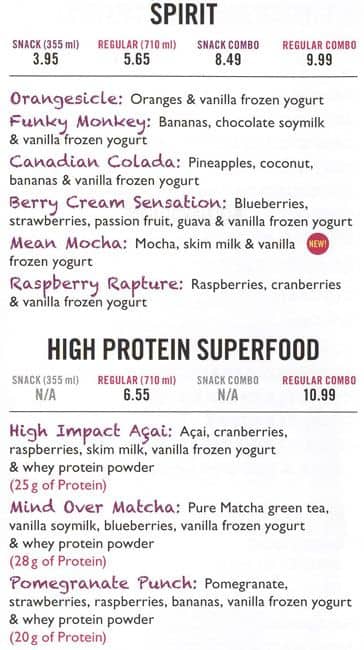 Menu at Booster Juice pub & bar, Oakville, 150 Lakeshore Rd E