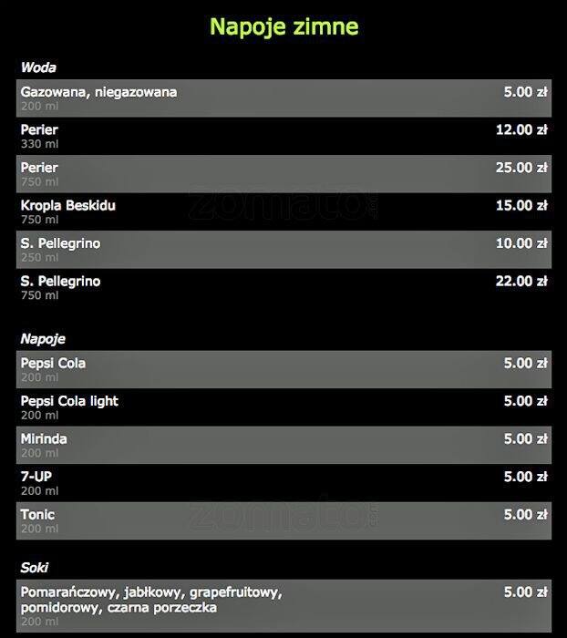 Menu at Chief restaurant, Szczecin