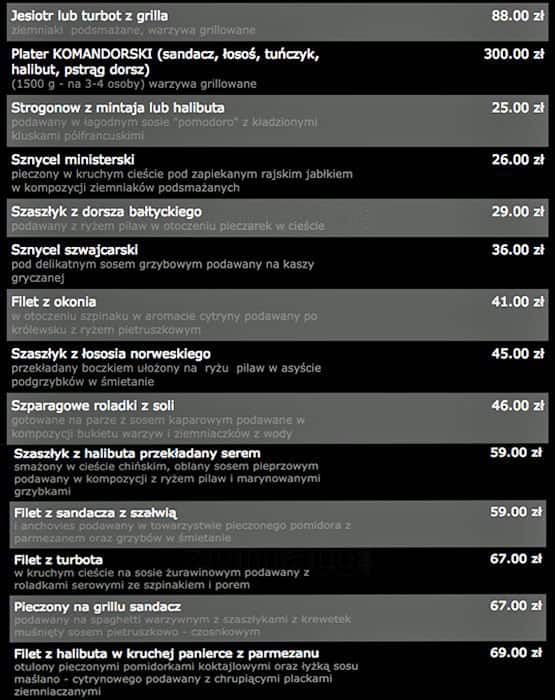 Menu at Chief restaurant, Szczecin