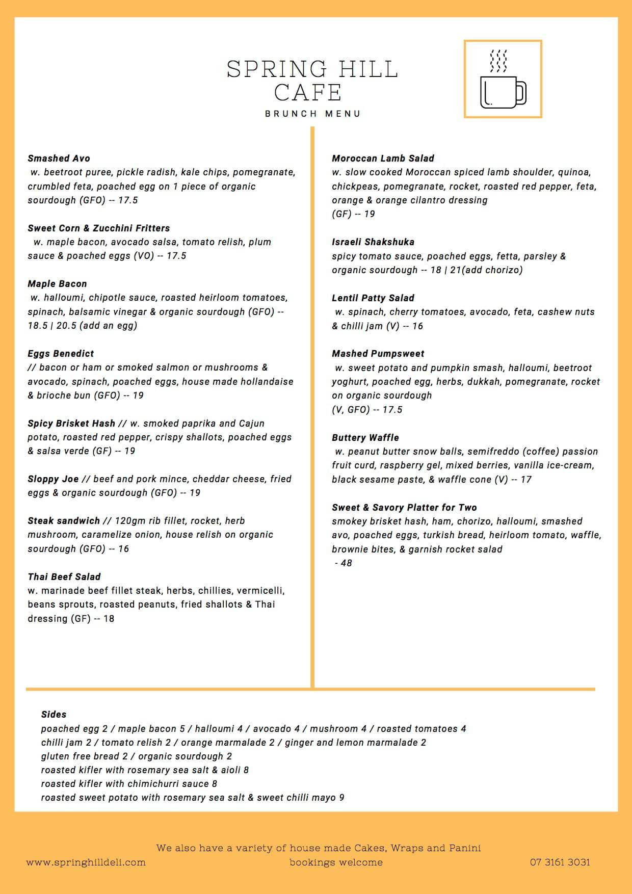 Menu at Spring Hill Cafe, Spring Hill