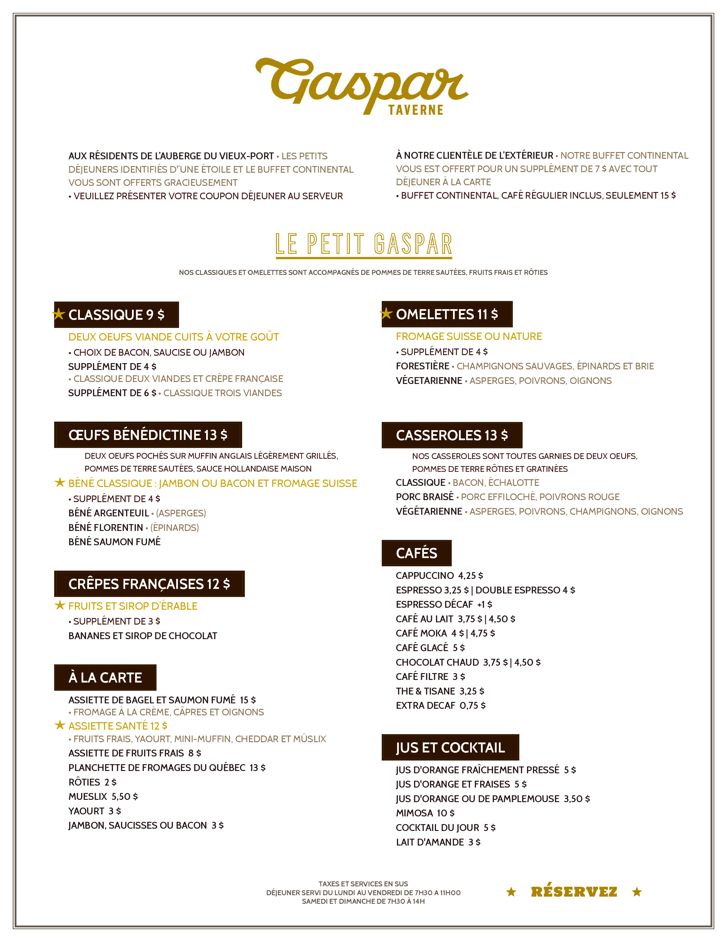 Menu at Taverne Gaspar pub & bar, Montreal