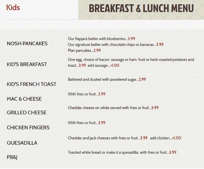 Menu at Nosh restaurant, Geneva, 22 N 3rd St