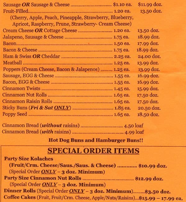 Menu at Kolache Creations cafe, Austin