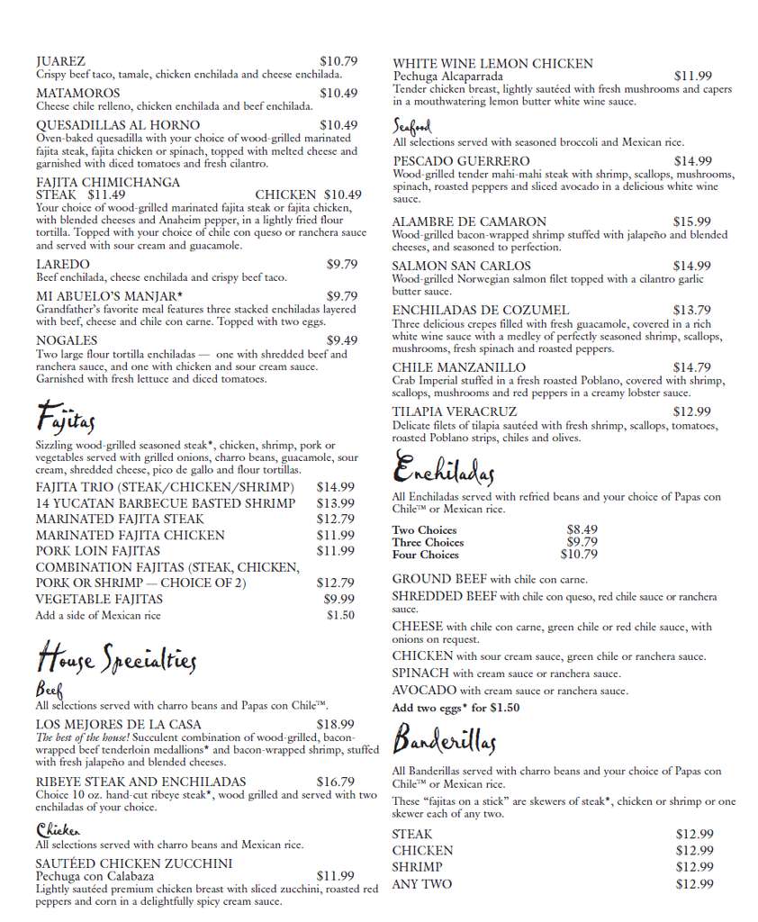 Menu at Abuelo's restaurant, College Station