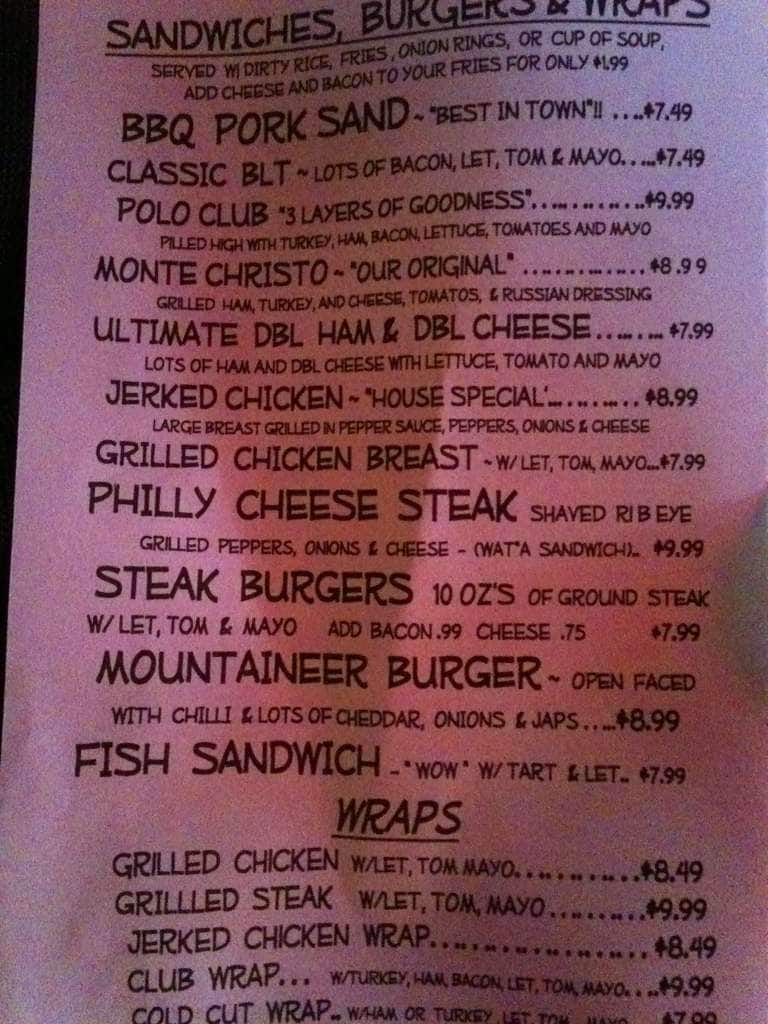 Menu at West Virginia Polo Club, Parkersburg