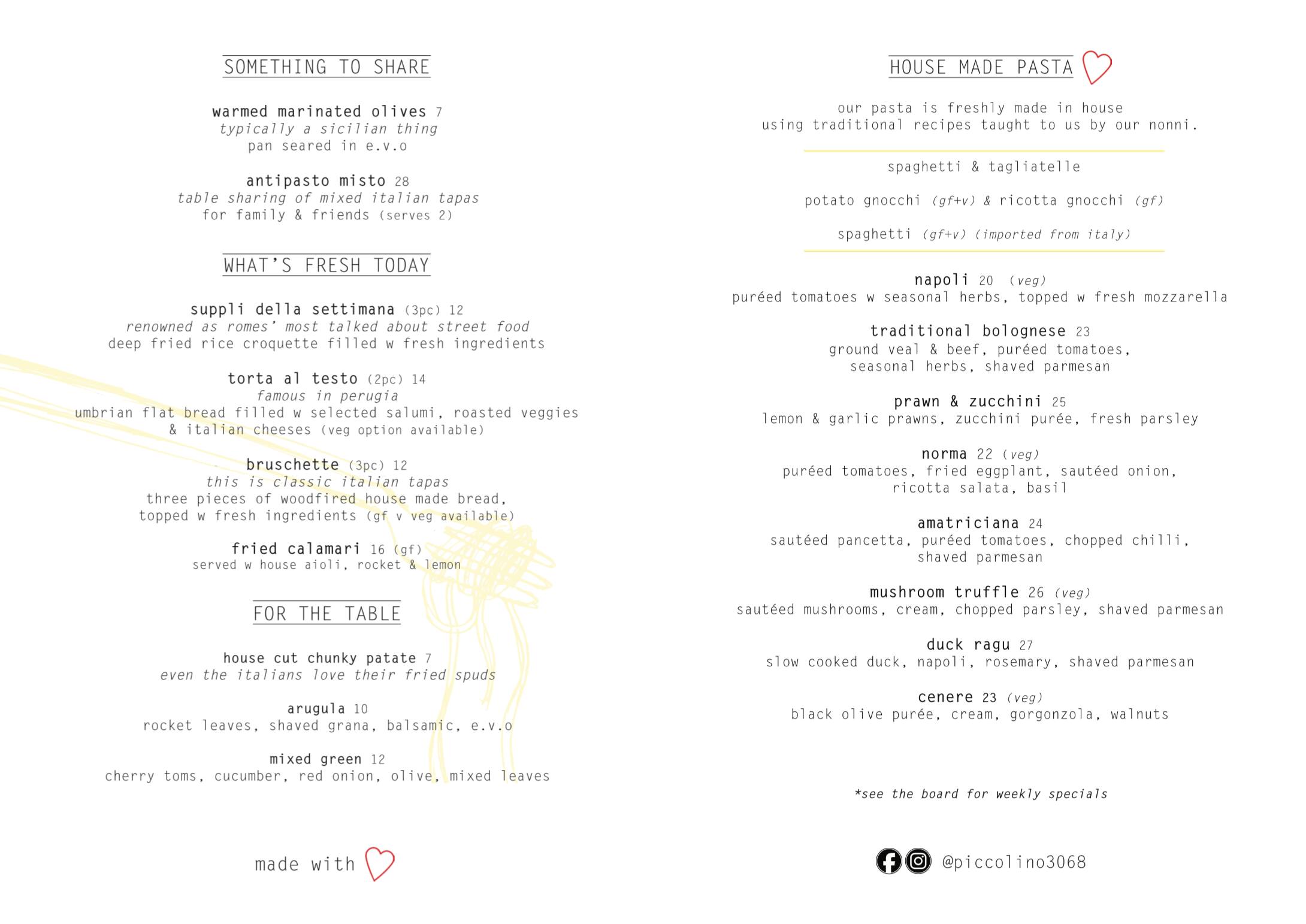 Menu at Piccolino Woodfire Pizza Italian Restaurant Trattoria, Fitzroy ...