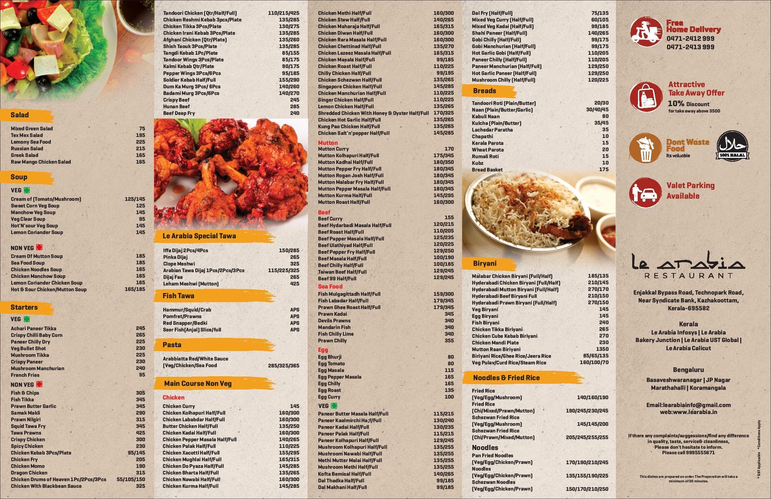 Menu of Le Arabia, Kulathoor, Trivandrum