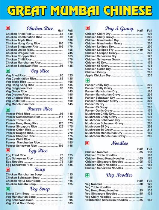 Menu of Great Mumbai Chinese, Santacruz West, Mumbai