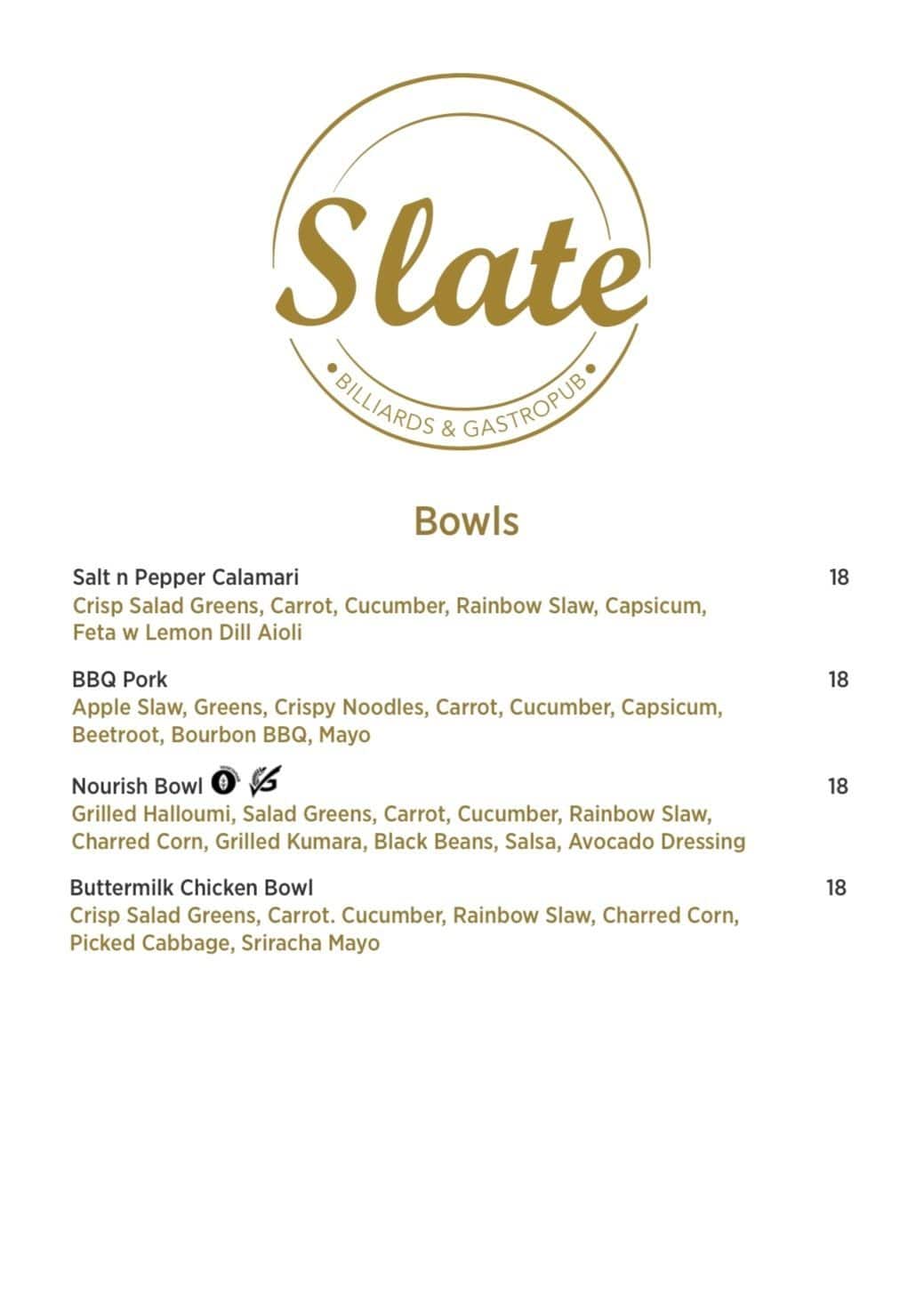 Menu at Slate pizzeria, Auckland