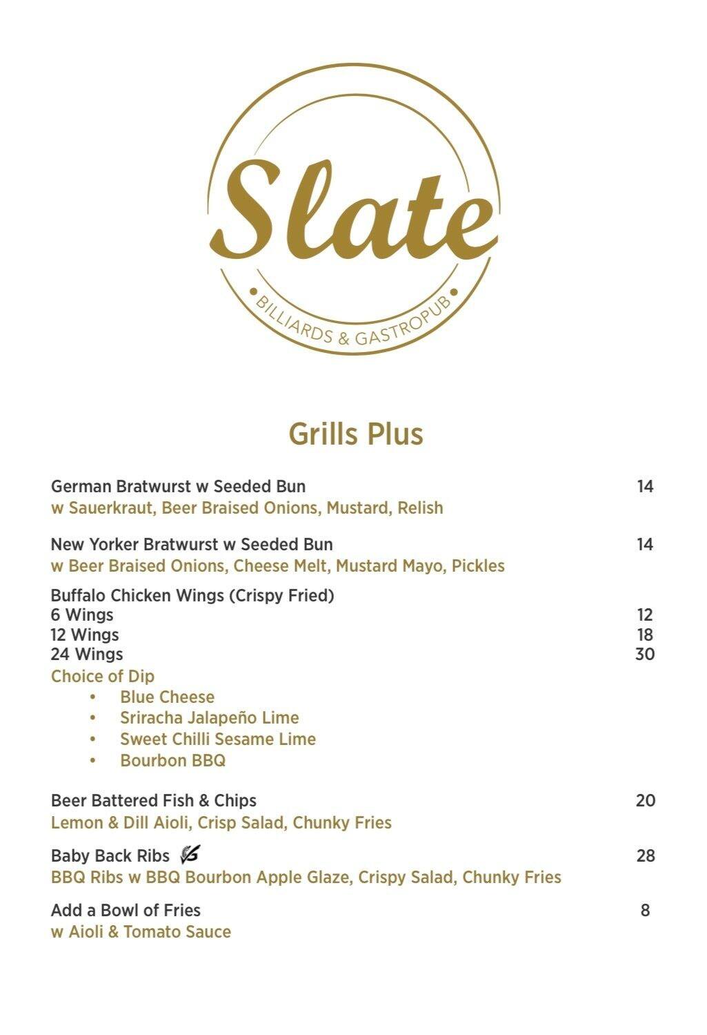 Menu at Slate pizzeria, Auckland