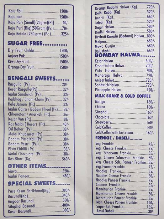 Menu at Jain, Mumbai, Acharat Smruti CHS