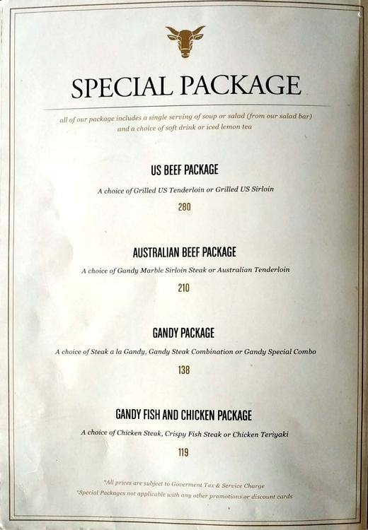 Carta de parrilla Gandy Steak House, Yakarta, Jalan Metro Kencana 4