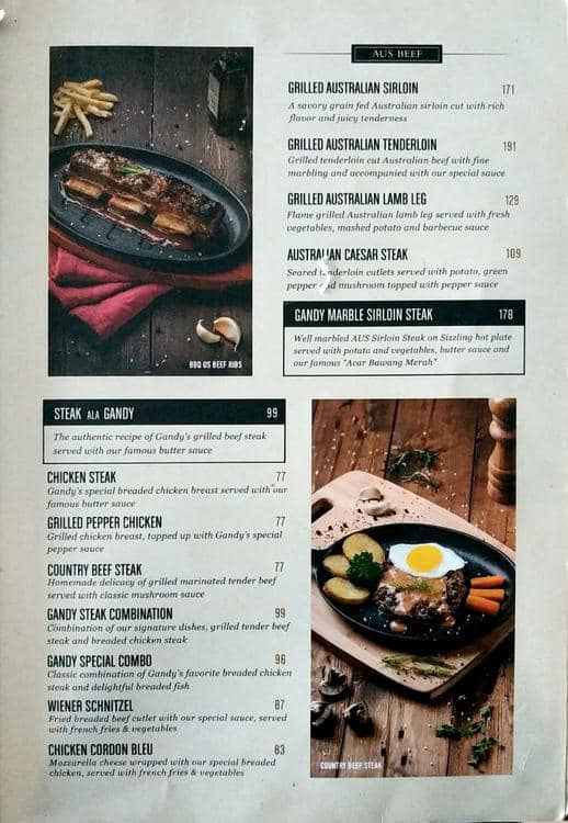 Carta de parrilla Gandy Steak House, Yakarta, Jalan Metro Kencana 4