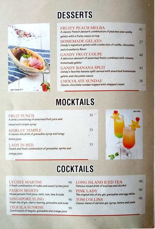 Carta de parrilla Gandy Steak House, Yakarta, Jalan Metro Kencana 4