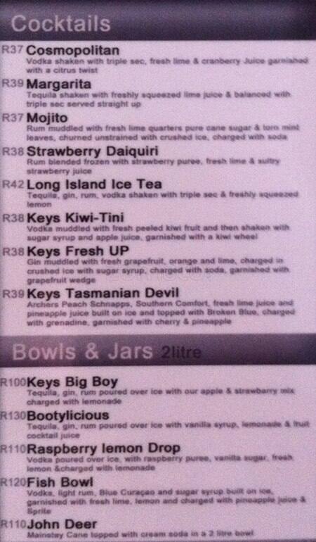 Carta del restaurante Keys on Florida, Durban