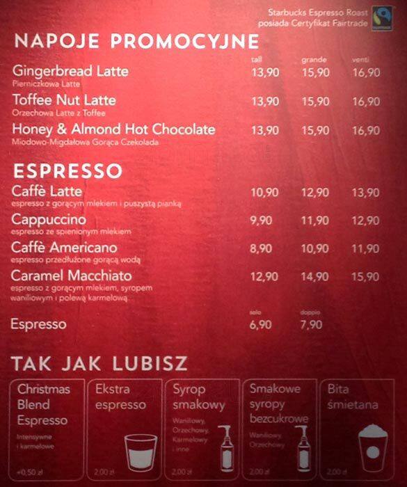 Menu at Starbucks cafe, Kraków, Pawia 5/Level -1