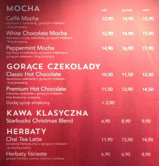 Menu at Starbucks cafe, Kraków, Pawia 5/Level -1