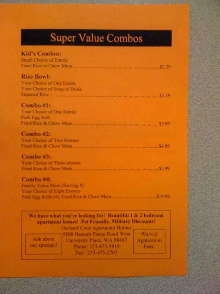 Menu at Shanghai Kitchen restaurant, Tacoma, Pacific Ave S