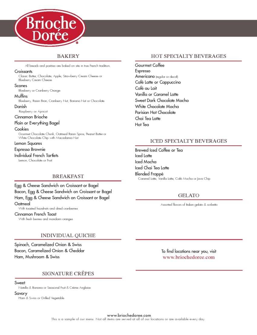 Menu at Brioche Doree restaurant, Miami