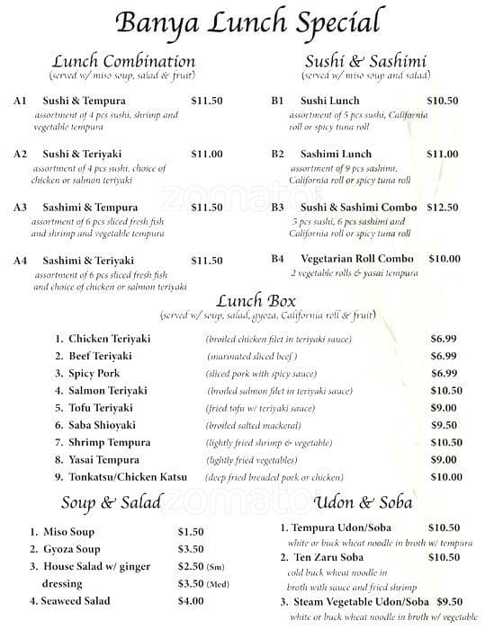 Menu at Banya Japanese Restaurant, Beaverton