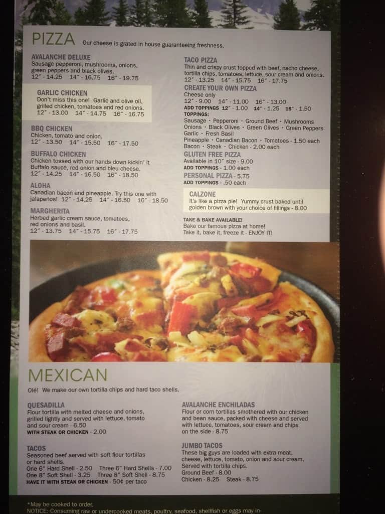 Menu at Alpine Lanes and Avalanche Grill pub & bar, Muskego