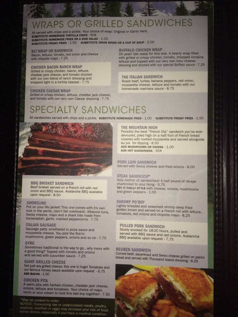 Menu at Alpine Lanes and Avalanche Grill pub & bar, Muskego