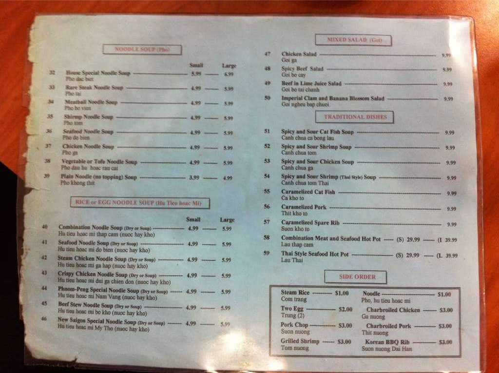 Menu at New Saigon Restaurant, Bakersfield