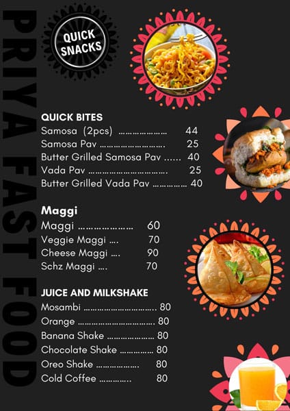 Menu of Priya Fast Food, Vile Parle West, Mumbai