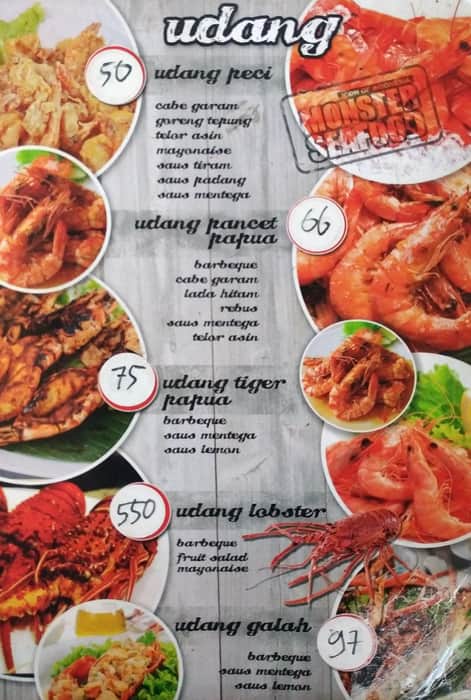 Menu at Monster Seafood restaurant, Jakarta