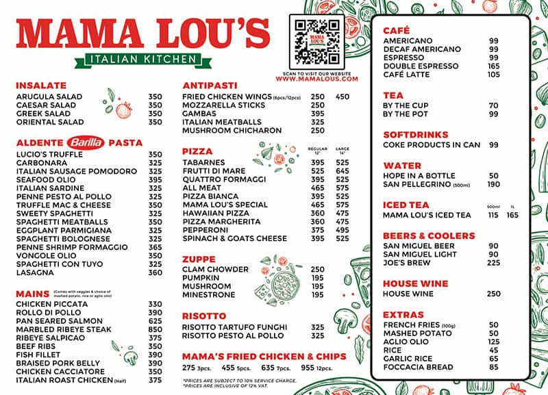 Menu at Mama Lou's Bambino restaurant, Makati
