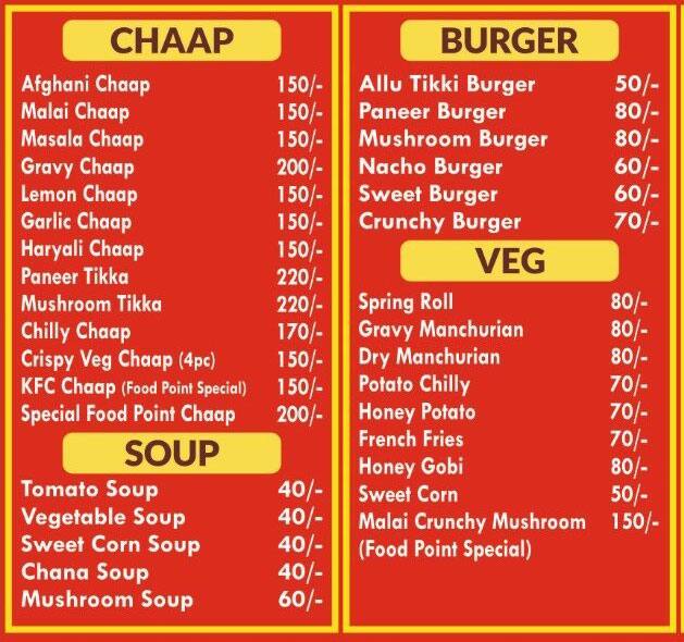 Menu at Food Point, Patiala, Near Atma Ram Kumar Sabha Ground