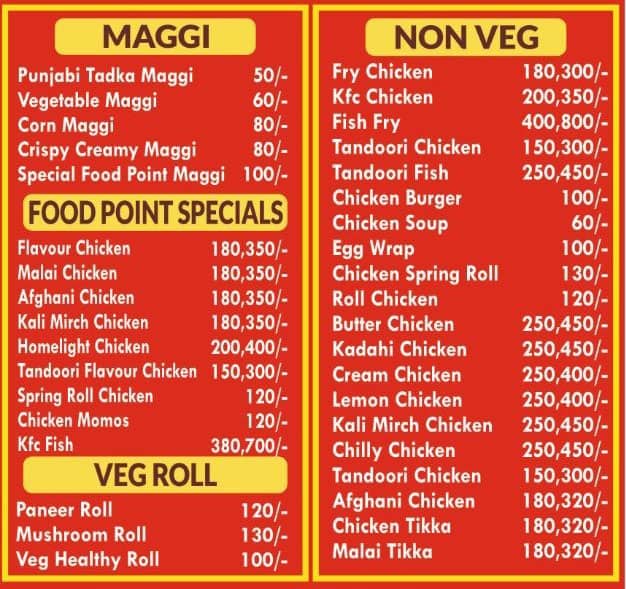 Menu at Food Point, Patiala, Near Atma Ram Kumar Sabha Ground