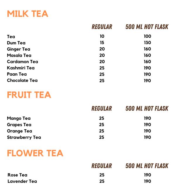 Menu of Tea Bench, Kelambakkam, Chennai