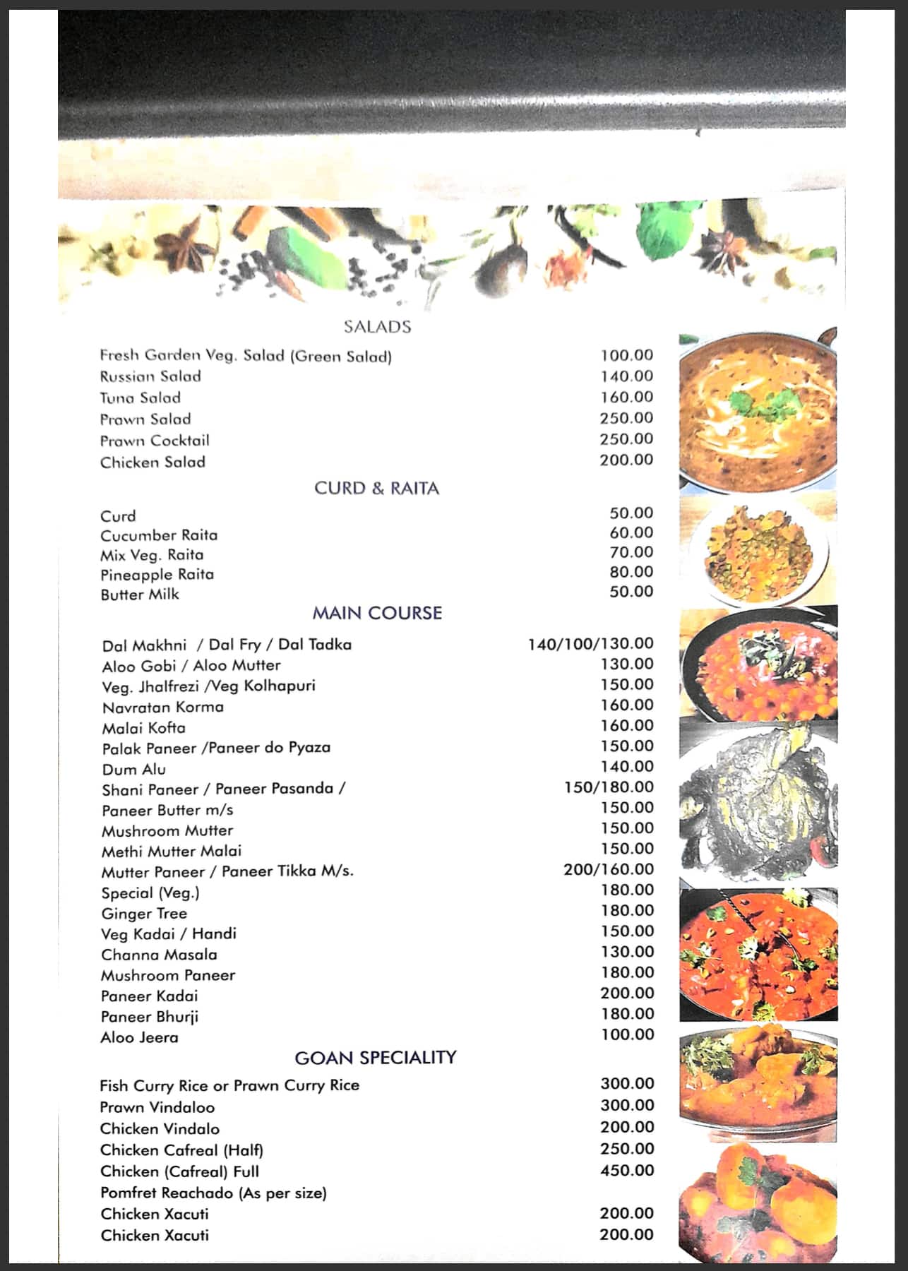 Menu of Ginger Tree Resort, Anjuna, Goa