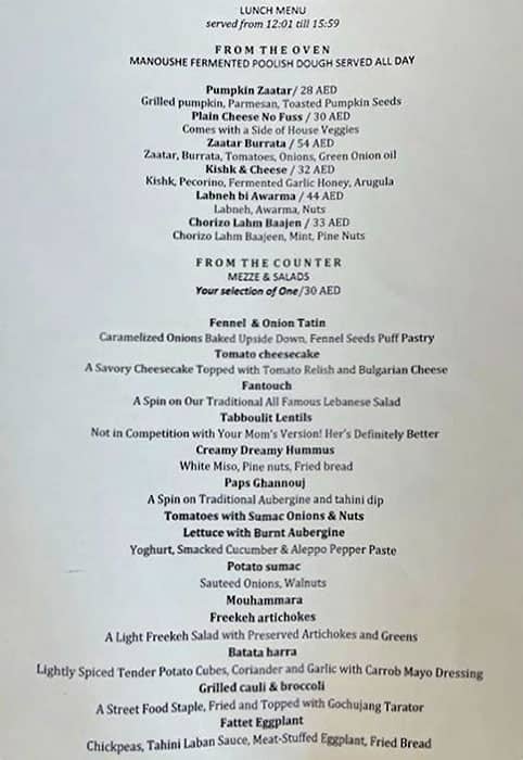 Menu of Tahini, Trade Centre Area, Dubai