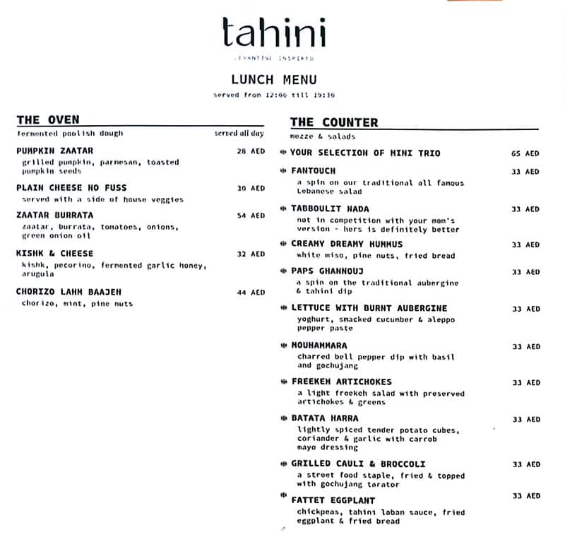 Menu of Tahini, Trade Centre Area, Dubai