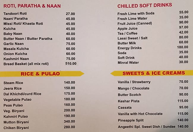 Menu at Hotel Angeethi, Aurangabad