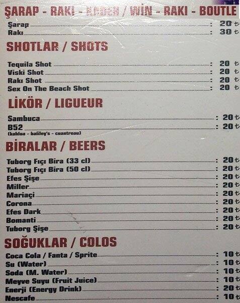 Menu at Çiçek Pera, Istanbul