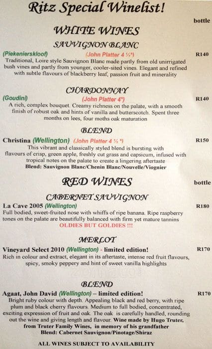 Speisekarte von Wonderful Restaurant - The Ritz Hotel, Kapstadt