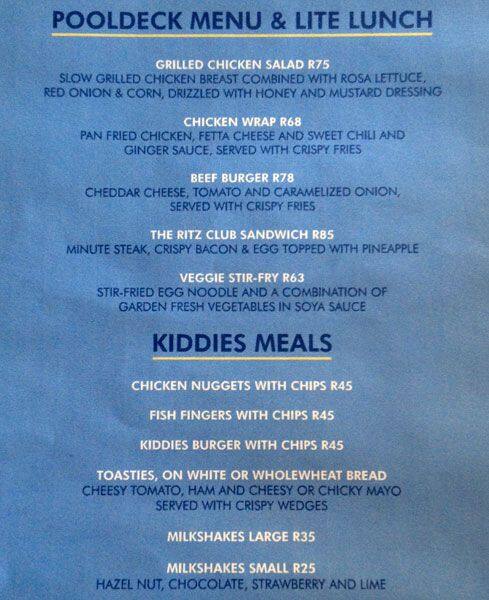 Menu au Wonderful Restaurant - The Ritz Hotel, Le Cap