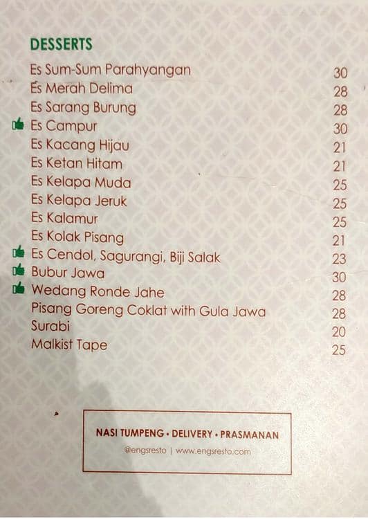 Menu at Eng's Resto restaurant, Jakarta, Jl. Pluit Karang Indah Timur No.57