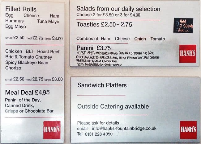 Menu at Hank's Sandwich Bar, Edinburgh