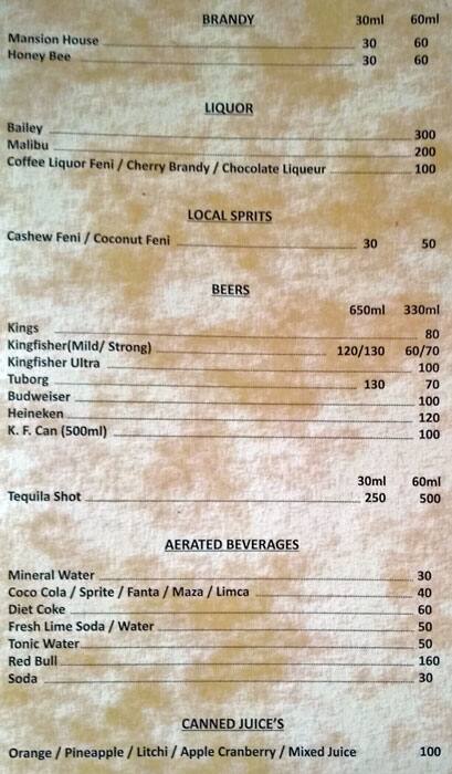 Menu at Cafe Toto's, Calangute, Khobra Vaddo