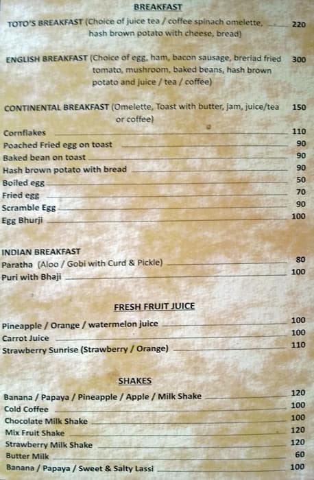 Menu at Cafe Toto's, Calangute, Khobra Vaddo