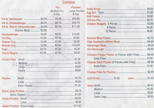 Menu at SS Chip Wagon restaurant, Clarence-Rockland